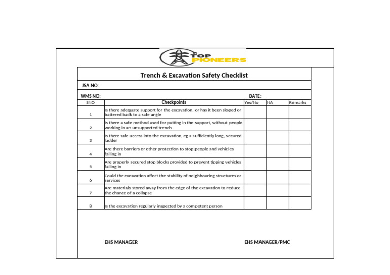 Excavation Inspection Checklist | PDF