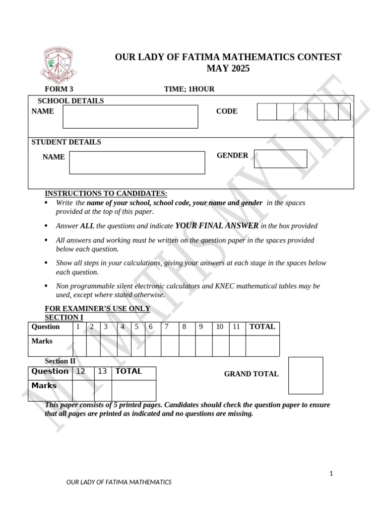 Maths Contest Form 3 2025 | PDF | Circle | Cartesian Coordinate System