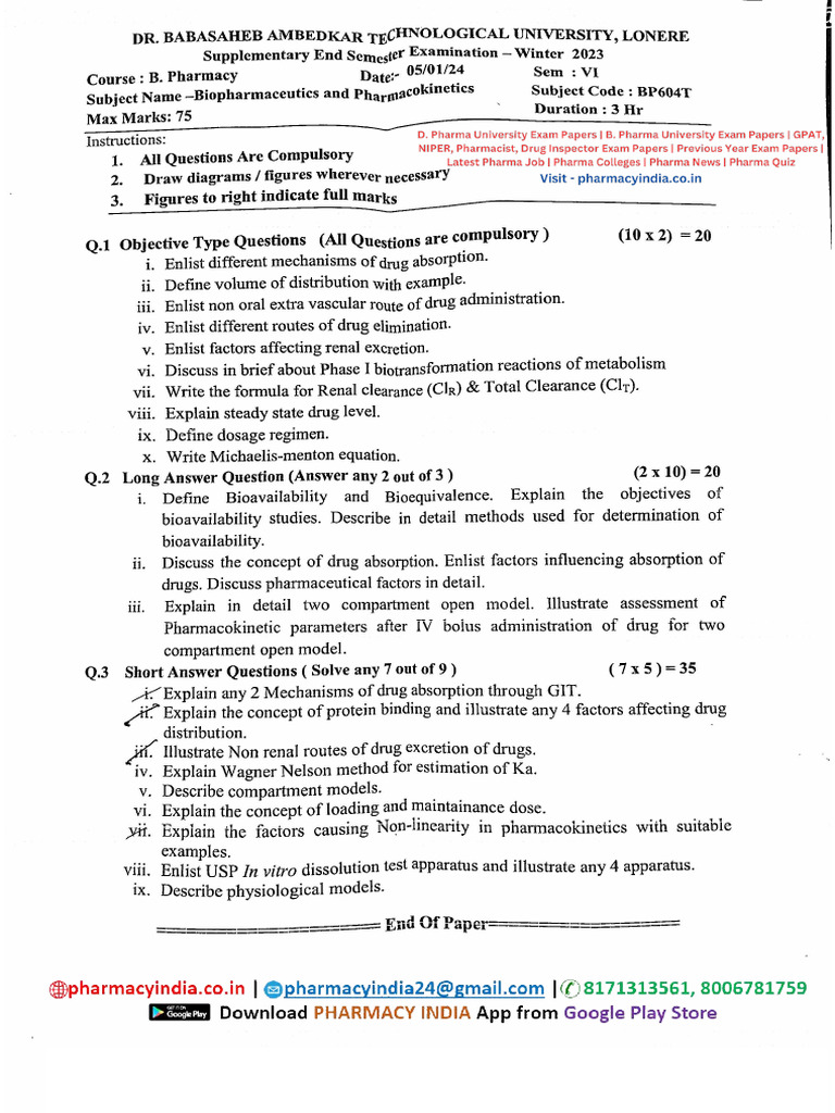 Biopharma Dbatu 6 TH Sem B. Pharma Winter 2023 | PDF