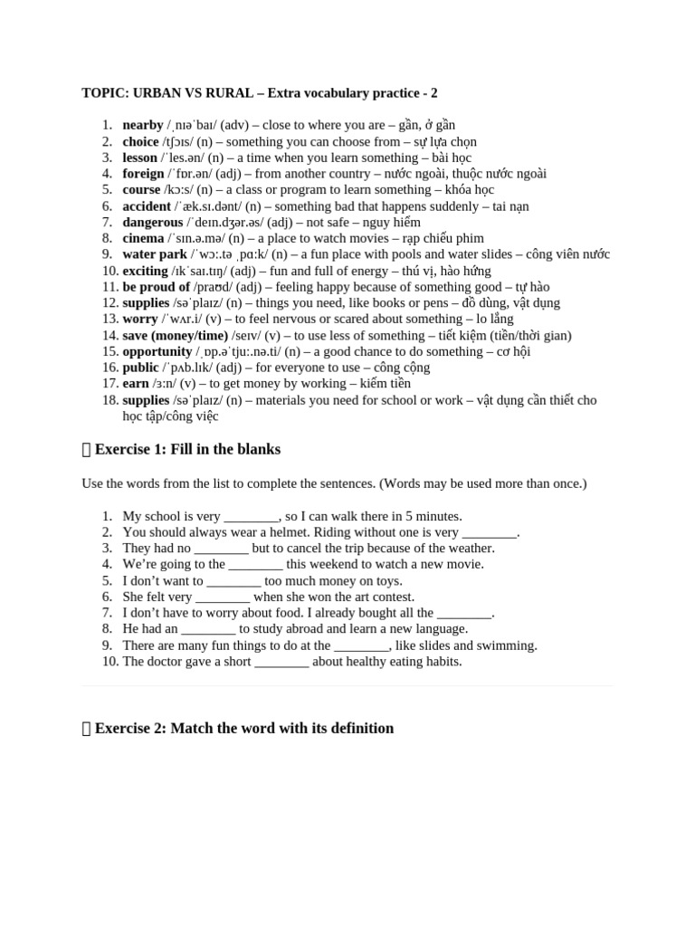 Topic-Urban vs rural - Vocabulary practice 2 | PDF