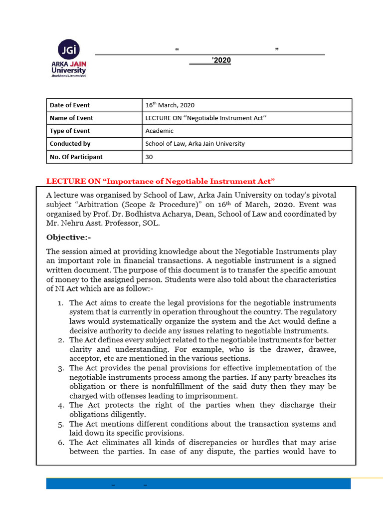 LECTURE On Negotiable Instrument Act 2020 | PDF | Negotiable Instrument ...
