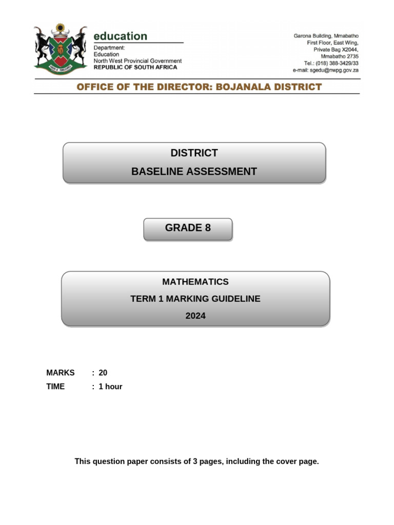 2024 Grade 8 Term 1 Mathematics Baseline Assessment Guideline | PDF ...