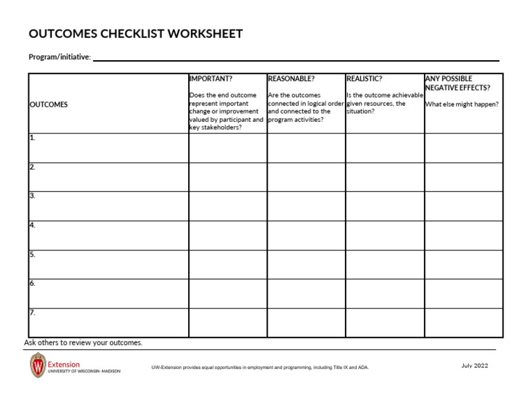 Outcomes Checklist for Program Evaluation | PDF