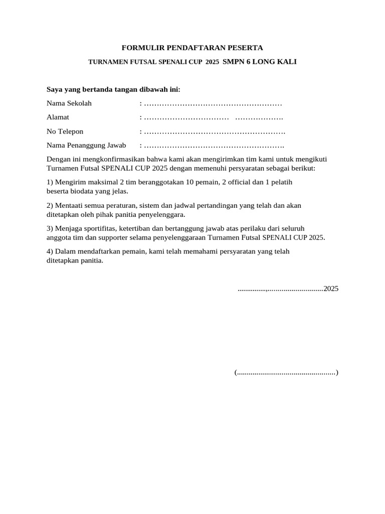 Formulir Pendaftaran Turnamen Futsal | PDF