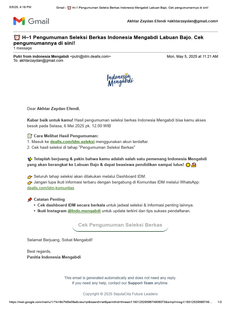 Gmail - H-1 Pengumuman Seleksi Berkas Indonesia Mengabdi Labuan Bajo. Cek Pengumumannya Di Sini ...