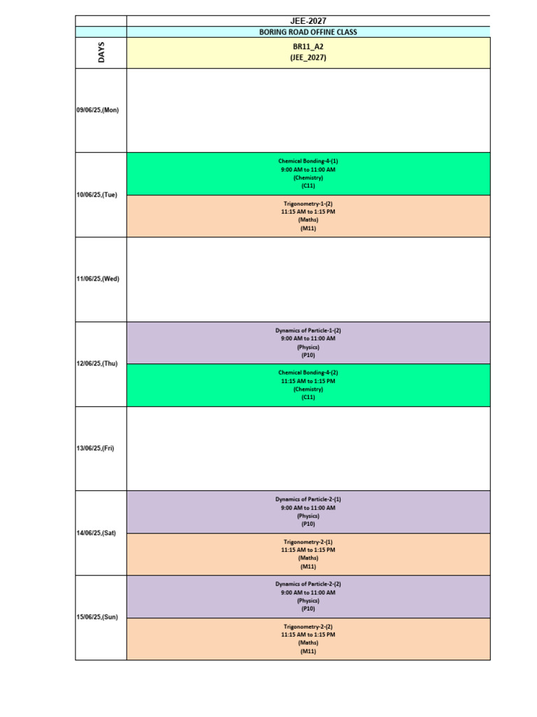 Boring Road Offine Class BR11 - A2 (JEE - 2027) | PDF