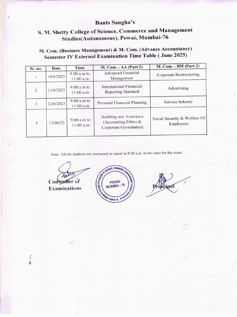 PG Sem IV External Exam Time Table | PDF