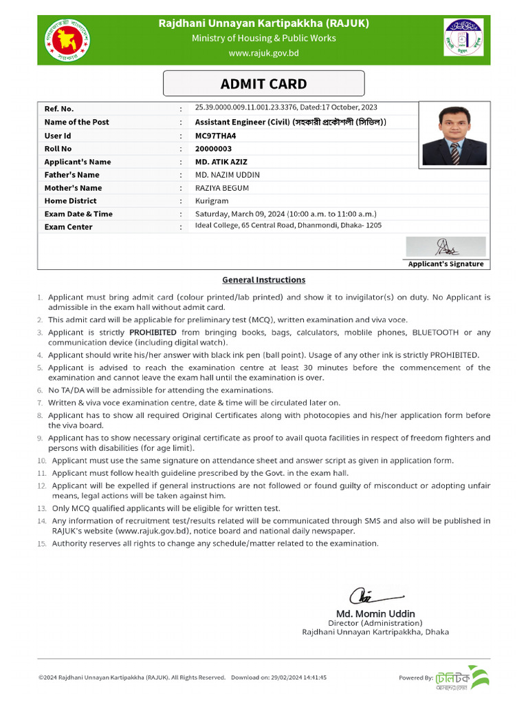 AdmitCard_RAJUK_MC97THA4 | PDF