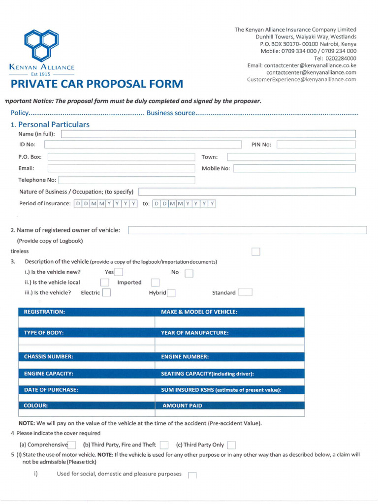 Kenya Alliance Motor Private Insurance Form. | PDF