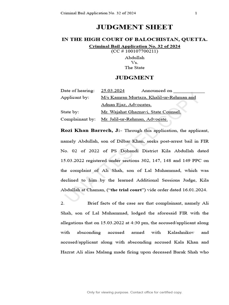 Judgment Sheet: in The High Court of Balochistan, Quetta | PDF | Bail ...