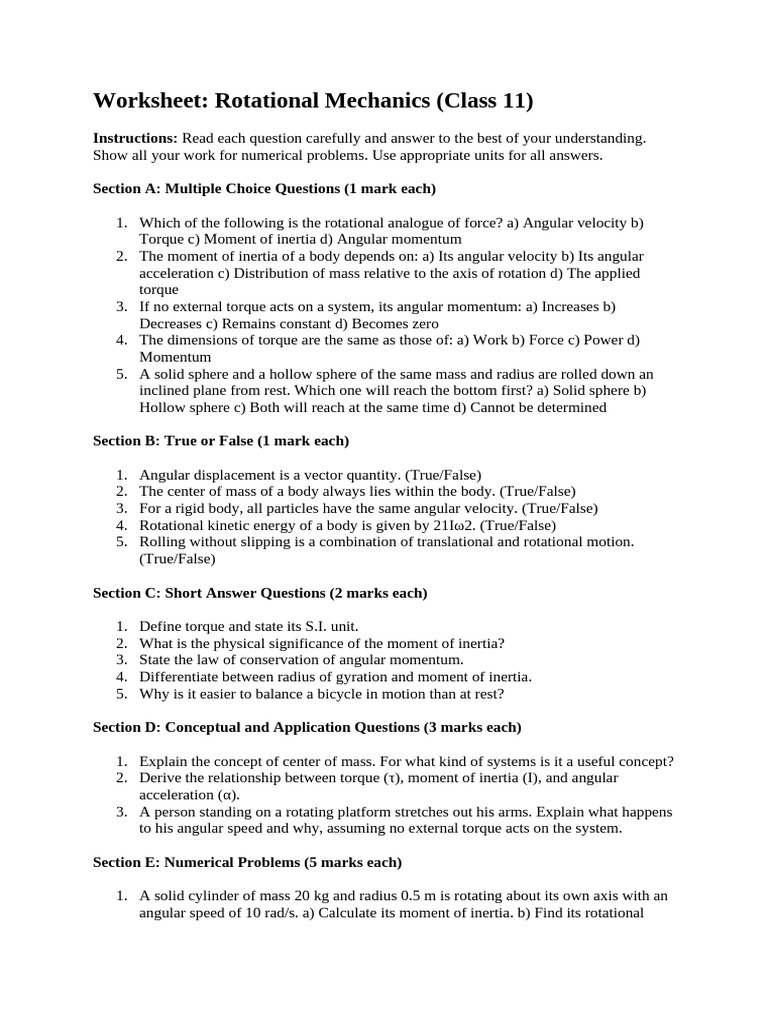 Worksheet Class 11 Physics | PDF | Rotation Around A Fixed Axis | Torque