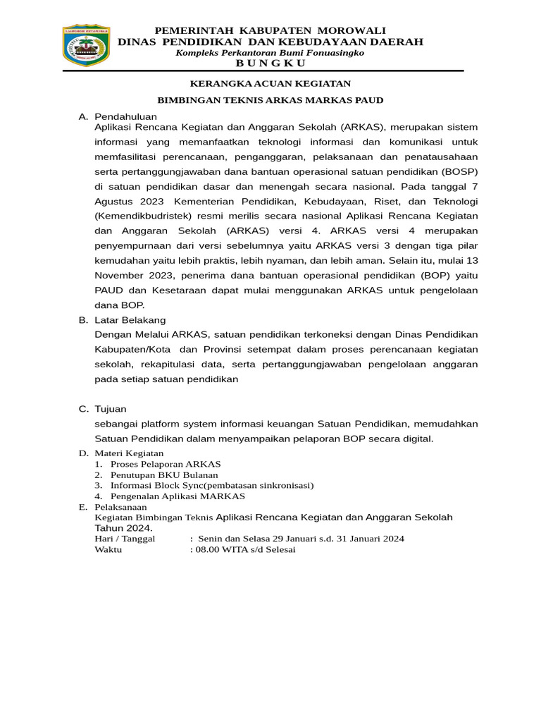 Bimtek ARKAS dan Dapodik PAUD 2024 | PDF