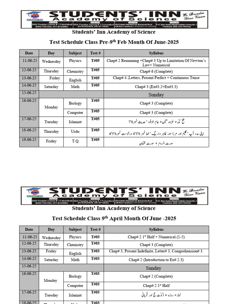 All Classes Test Schedule June 2025 | PDF