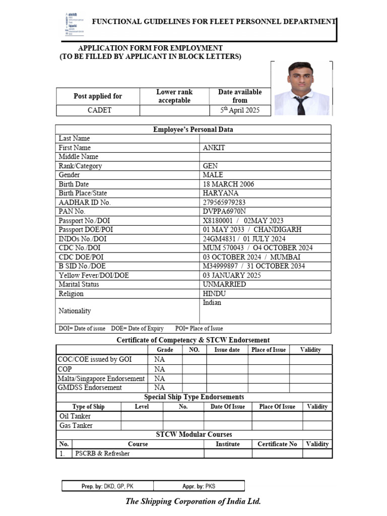 Shipping Corporation Job Application Form | PDF | Shipping