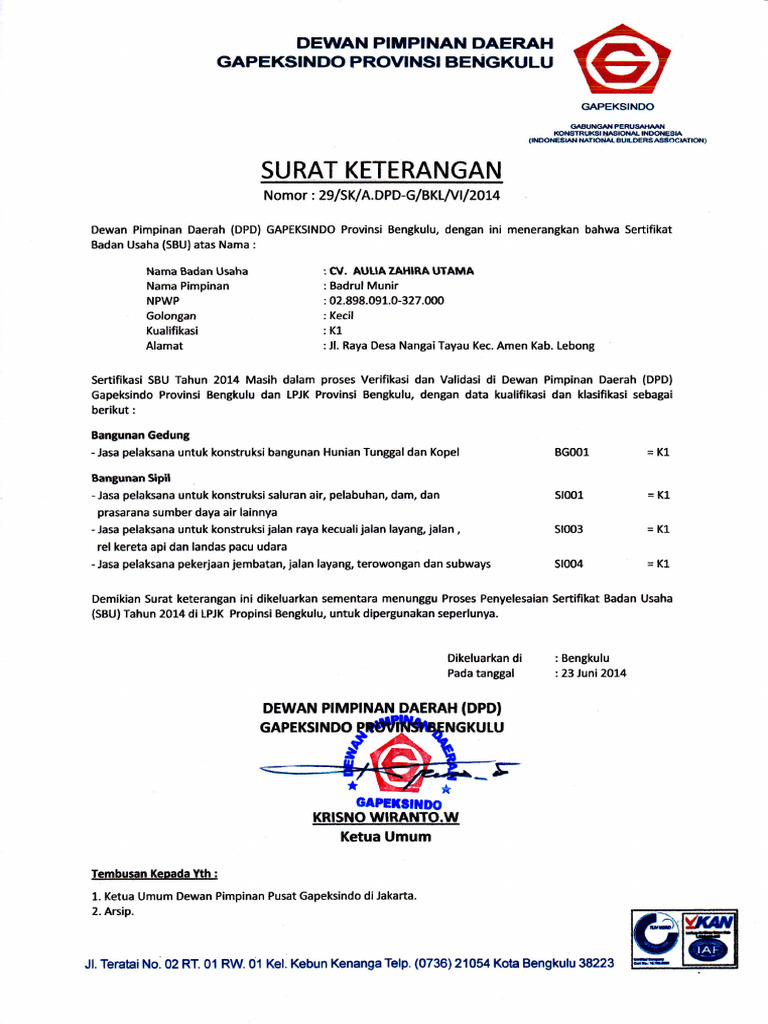 4.surat Keterangan Pengurusan SBU | PDF