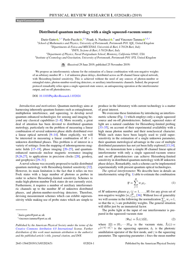 Distributed Quantum Metrology With A Single Squee | PDF | Interferometry | Physics