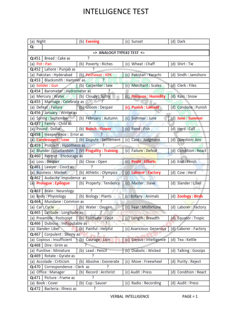Verbal Intelligence Test 1 | PDF | Intelligence | Cognition