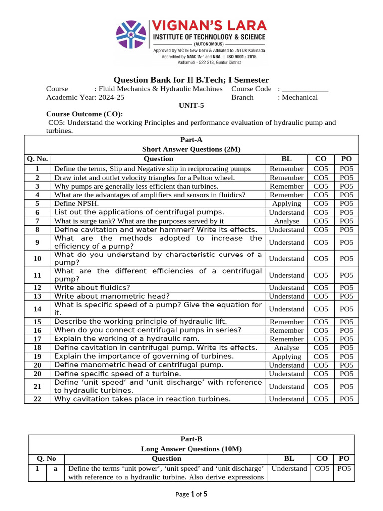 FMHM QB For II Year (R23) Regulations - Unit V | PDF | Pump | Applied And Interdisciplinary Physics