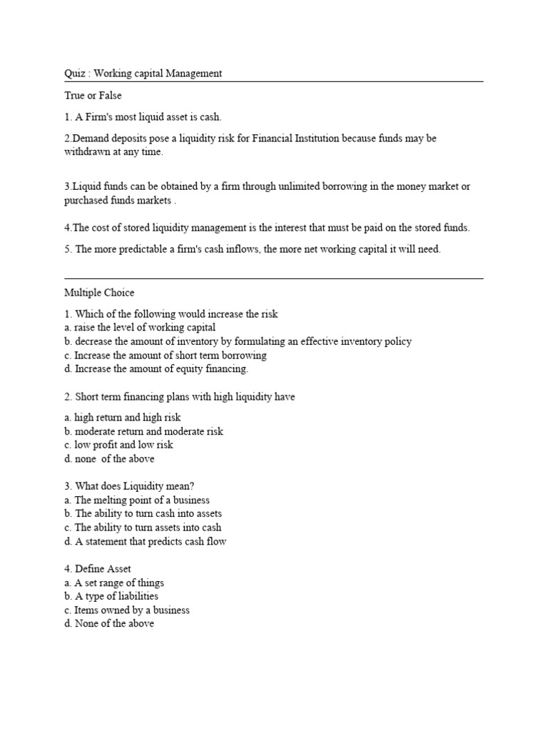 Working Capital Management Quiz | PDF | Working Capital | Market Liquidity