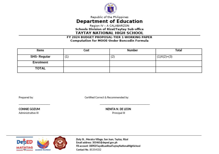 FY 2024 Budget Proposal for Taytay HS | PDF