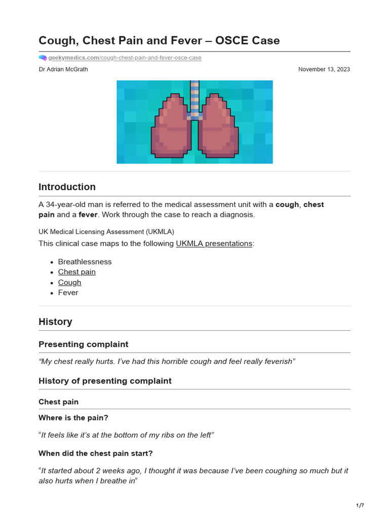 Cough Chest Pain and Fever OSCE Case | PDF | Medicine | Medical Specialties
