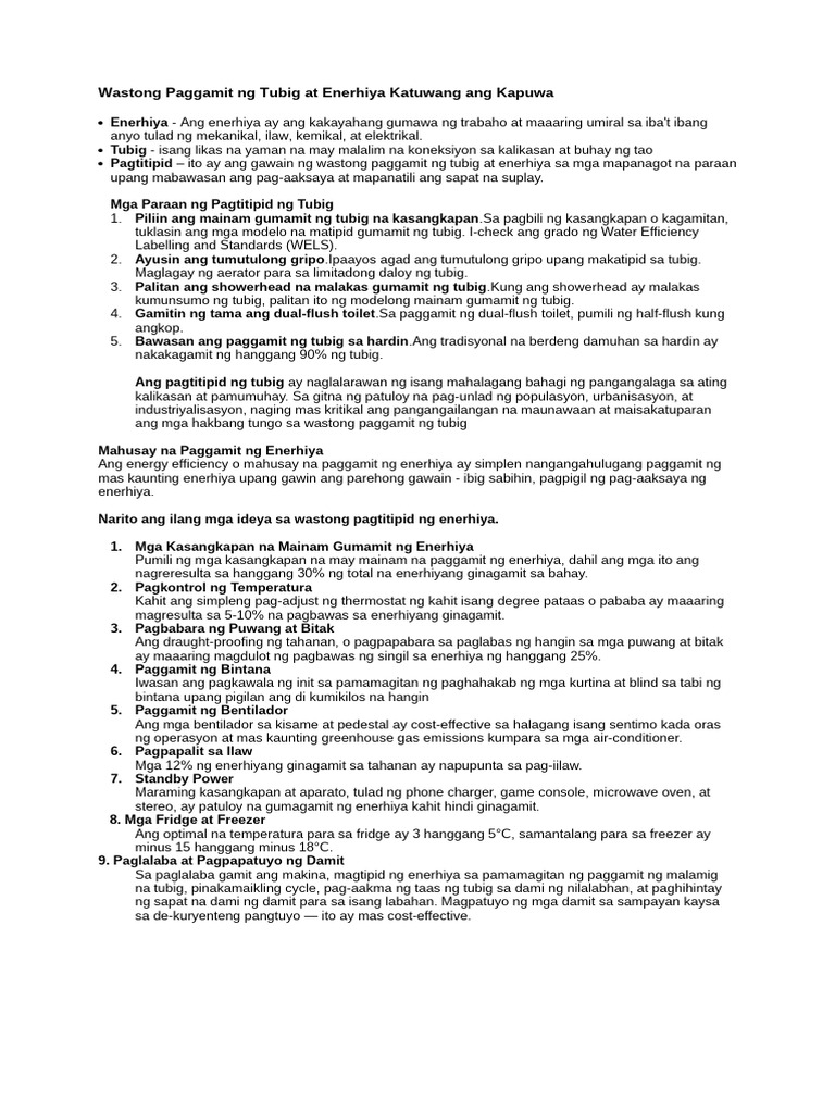 Wastong Paggamit NG Tubig at Enerhiya Katuwang Ang Kapuwa | PDF