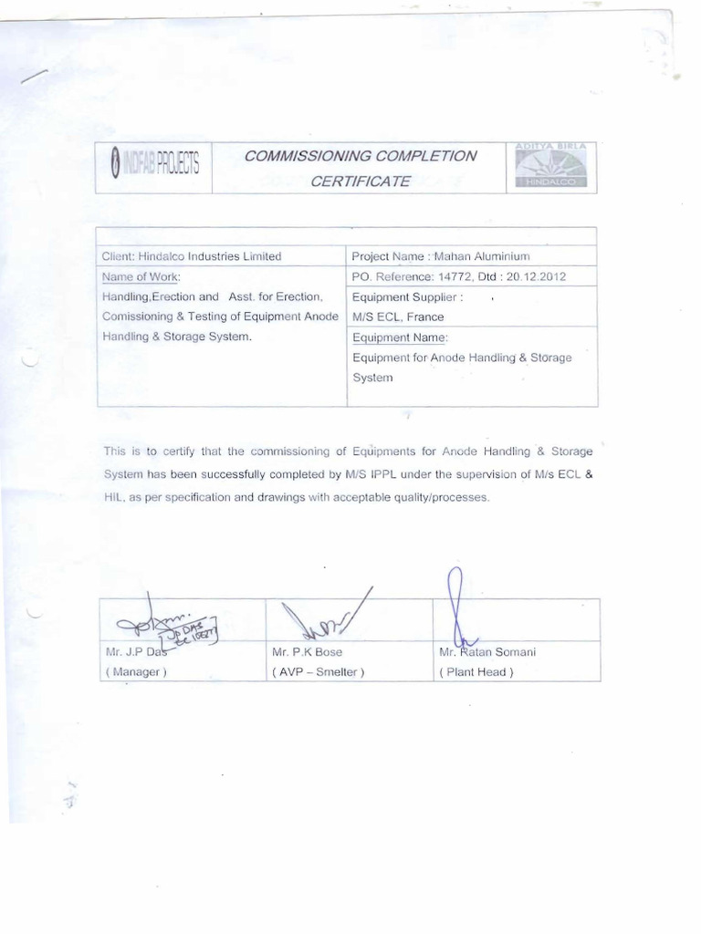 1 AHS Hindalco Mahan Aluminium Project Completion Certificate | PDF