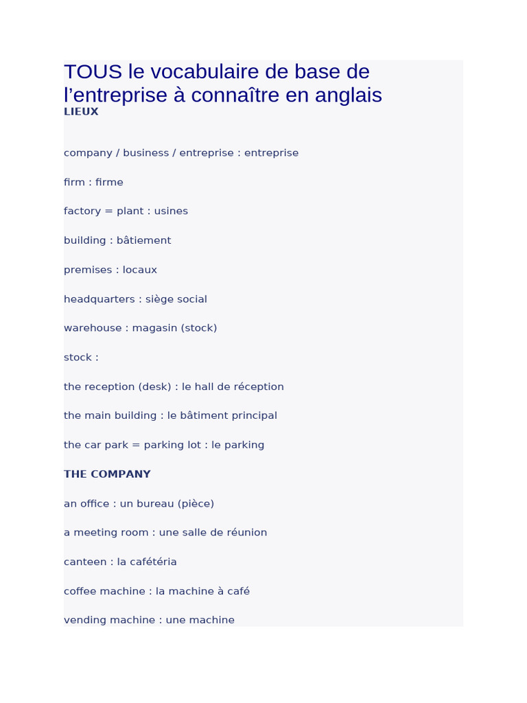 Vocabulaire essentiel de l'entreprise en anglais | PDF | Business ...