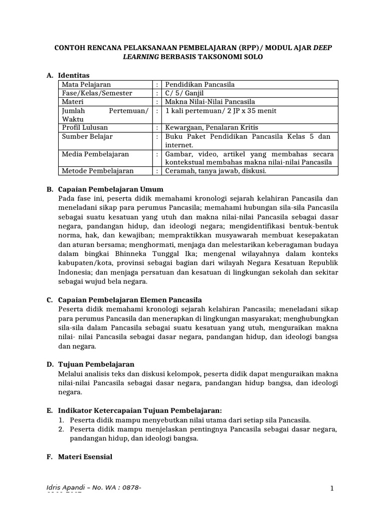 Contoh RPP MA Deep Learning Berbasis Taksonomi SOLO - SD | PDF