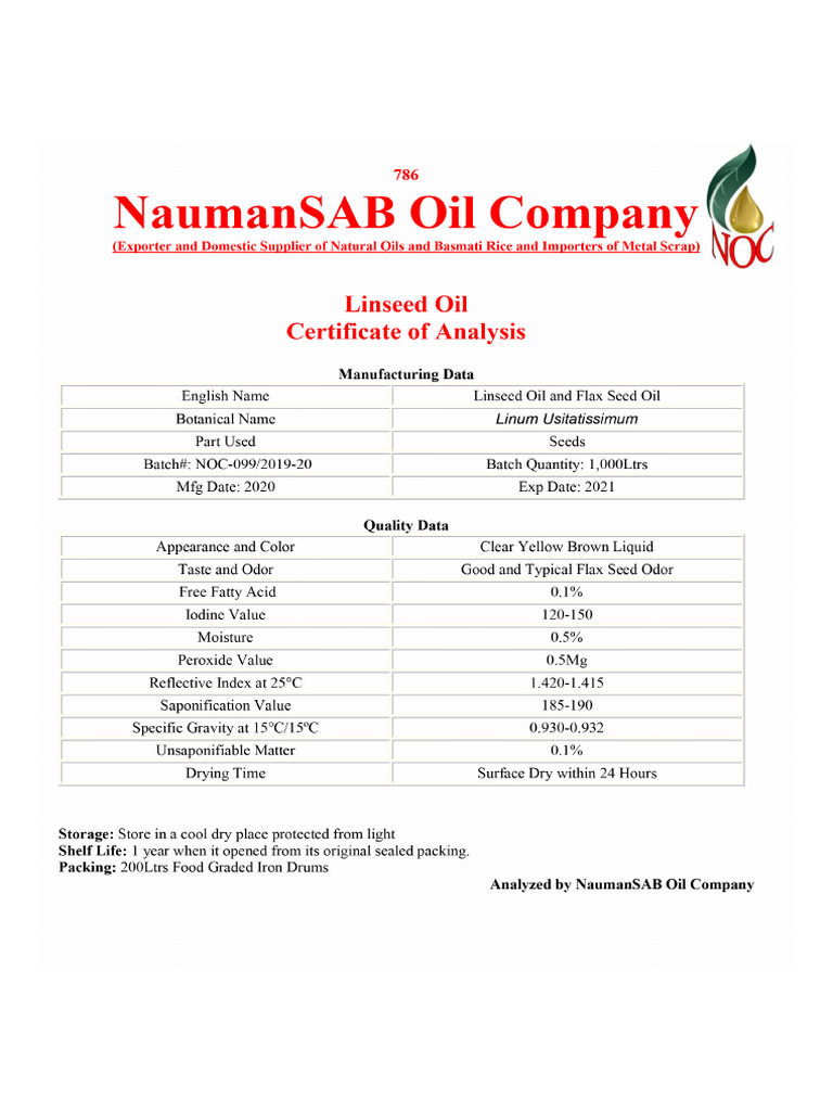 Linseed Oil NOC COA | PDF