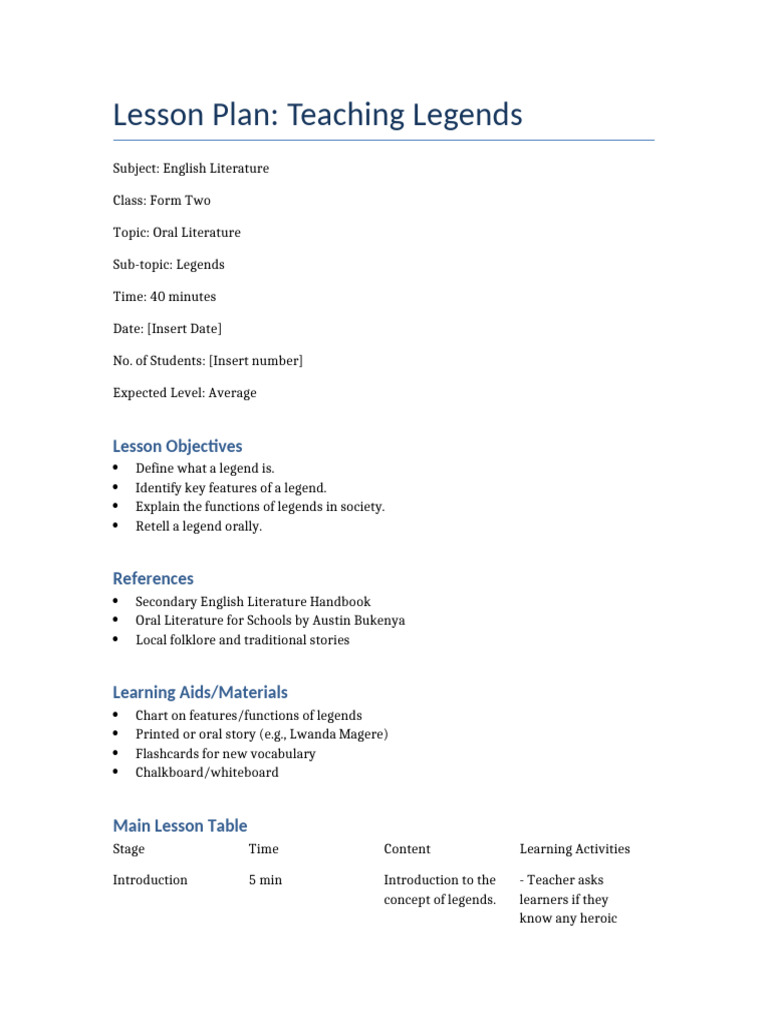 Lesson Plan Legends Form Two | PDF | Legends | Lesson Plan