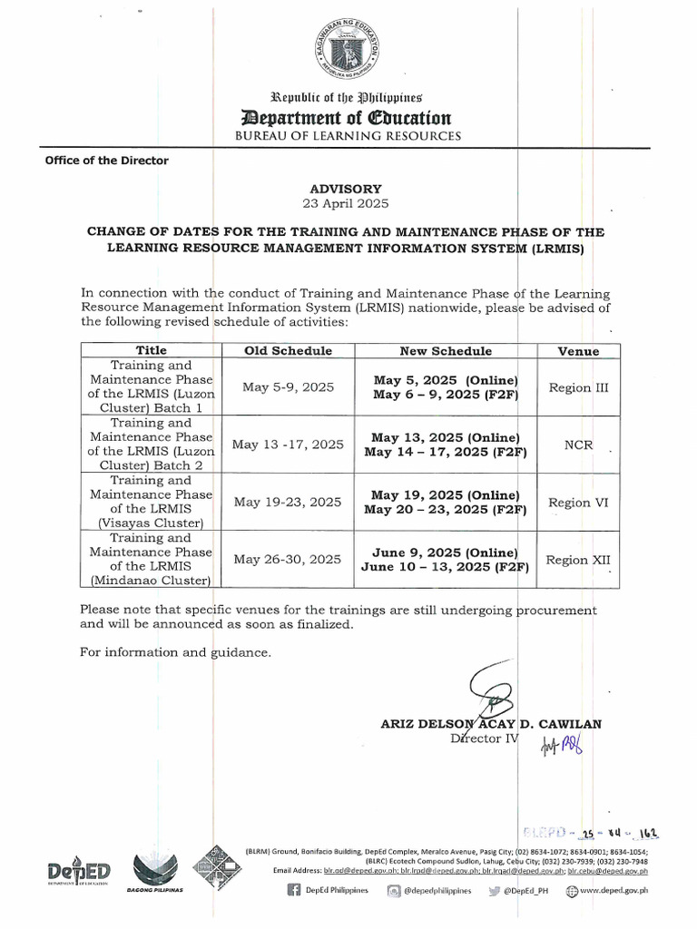 LRMIS Piloting Change of Dates May 6 To 9 | PDF