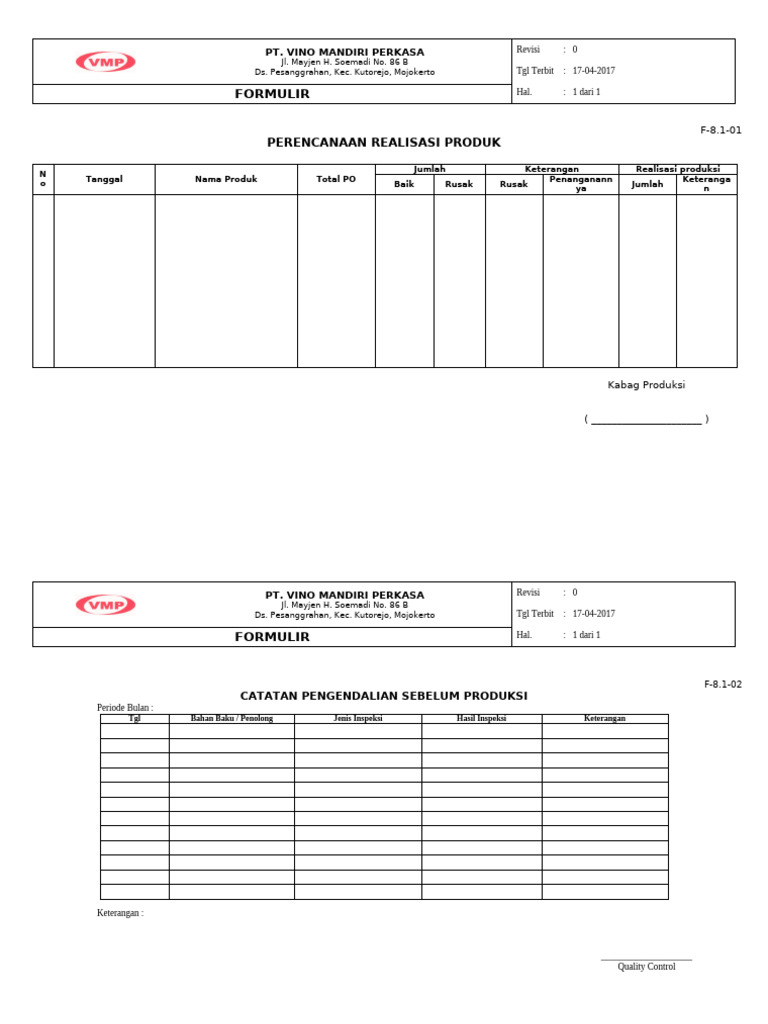 FORMAT Formulir Produksi | PDF