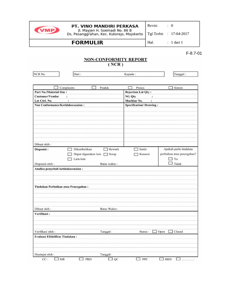 Form. Non Conformity Report | PDF
