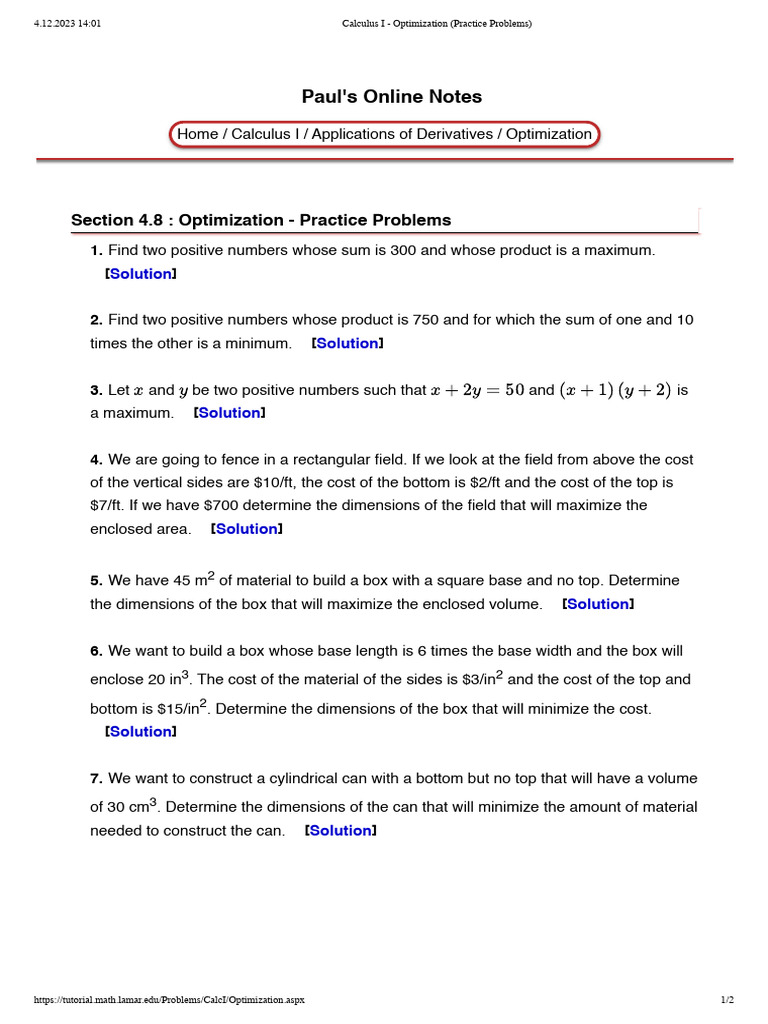 Calculus I - Optimization (Practice Problems) | PDF | Mathematical ...