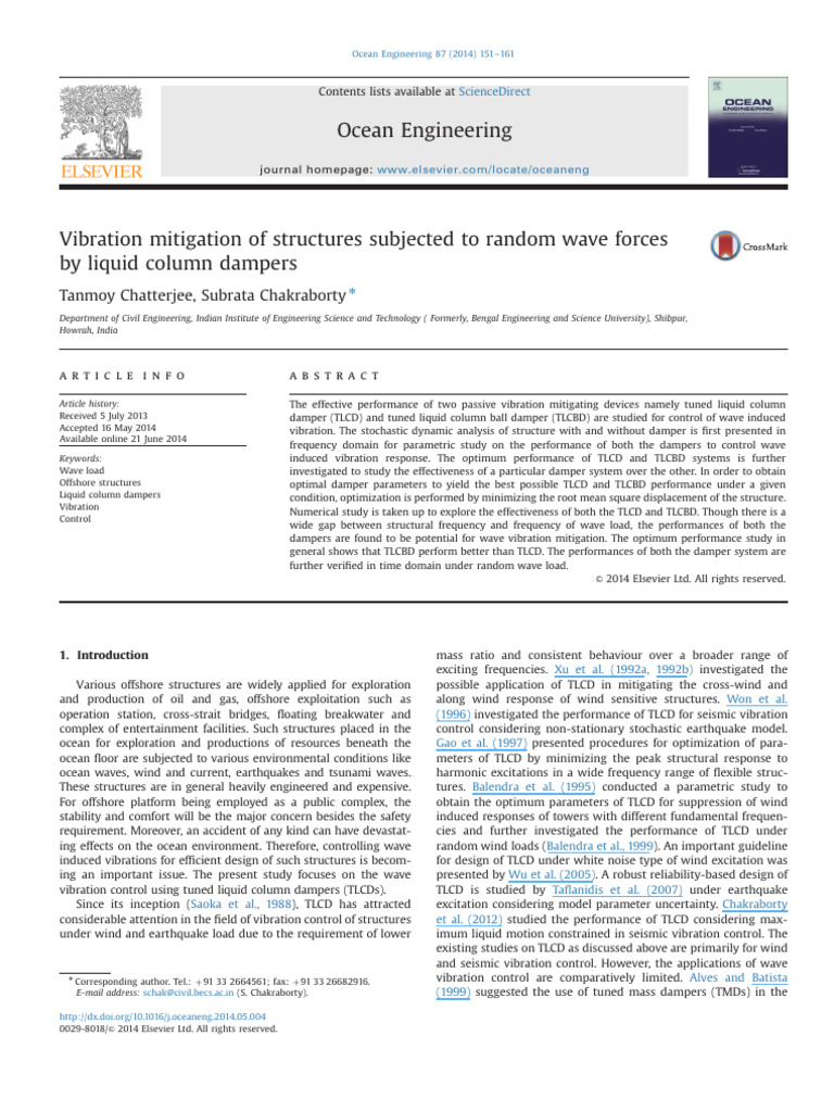 Vibration Mitigation of Structures Subjected To Random Wave Forces by Liquid Column Dampers ...