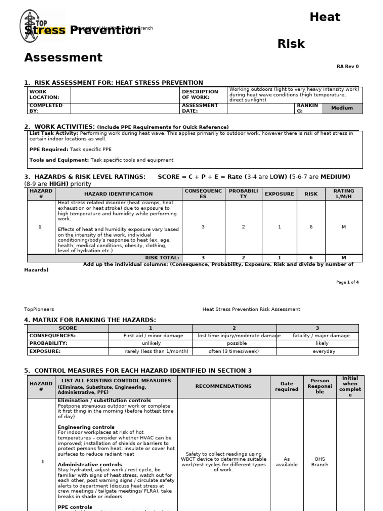 General Heat Stress Prevention Risk Assessment | PDF | Personal ...