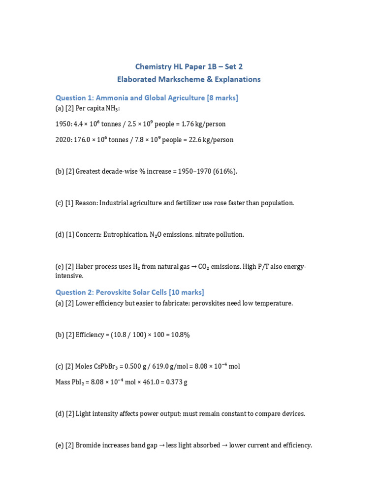 Chem HL Paper1B Set2 Elaborated Markscheme | PDF