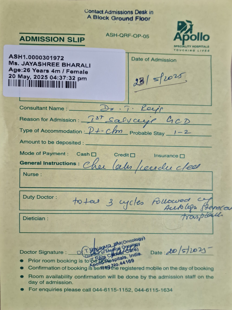 Oncology Admission Slip Details | PDF