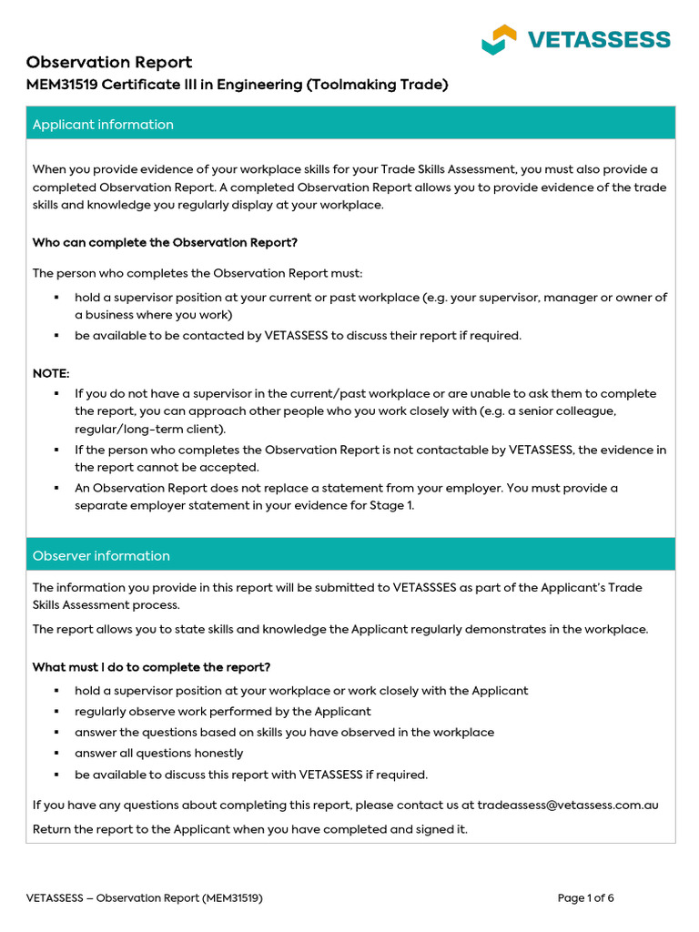 MEM31519 (Toolmaking) - Observation Report | PDF | Tools