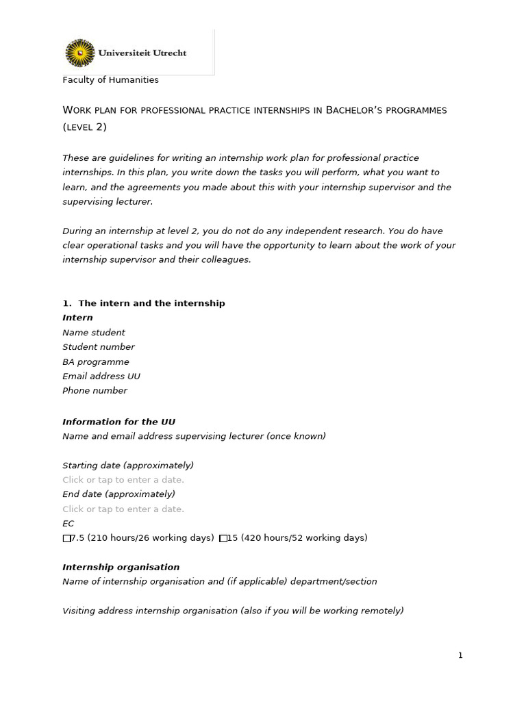 Hum Academics Internship Ba Internship Work Plan Guidelines ...