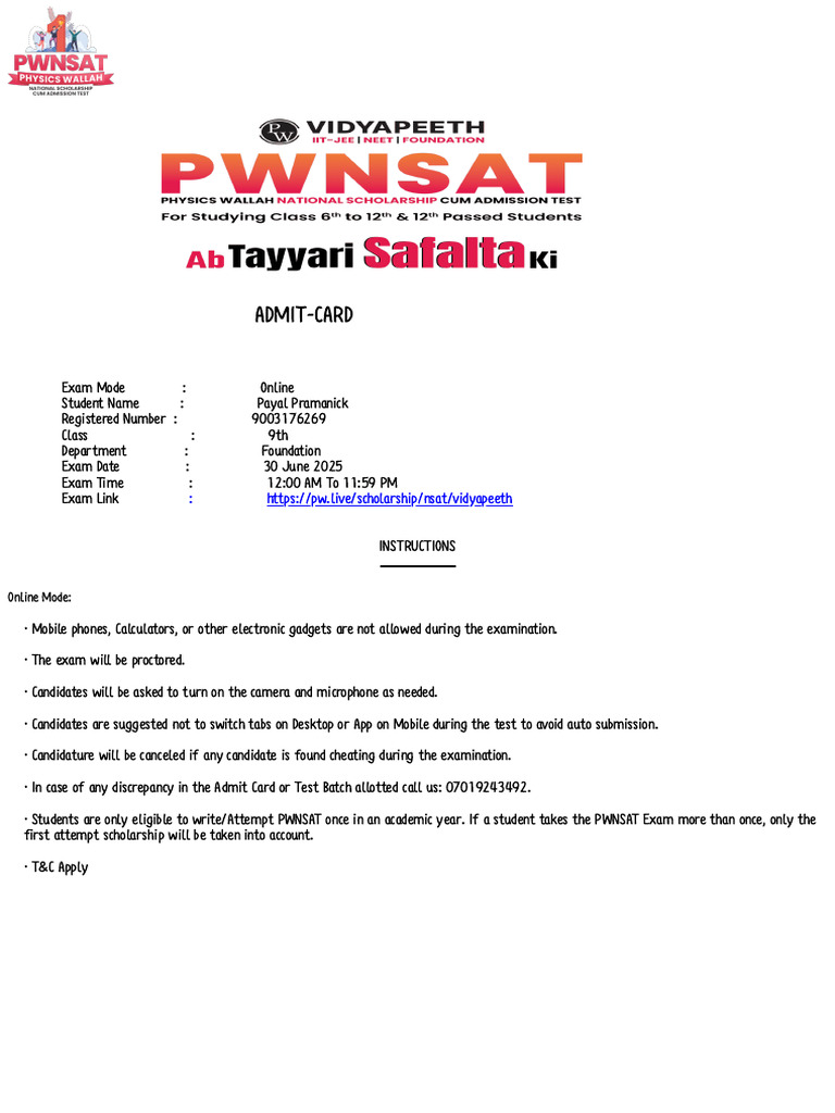 Payal Admit Card | PDF