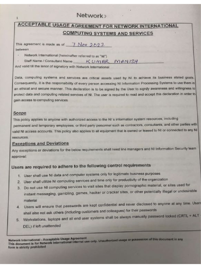 Acceptable Usage Agreement V 1.0 Kumar Manish | PDF