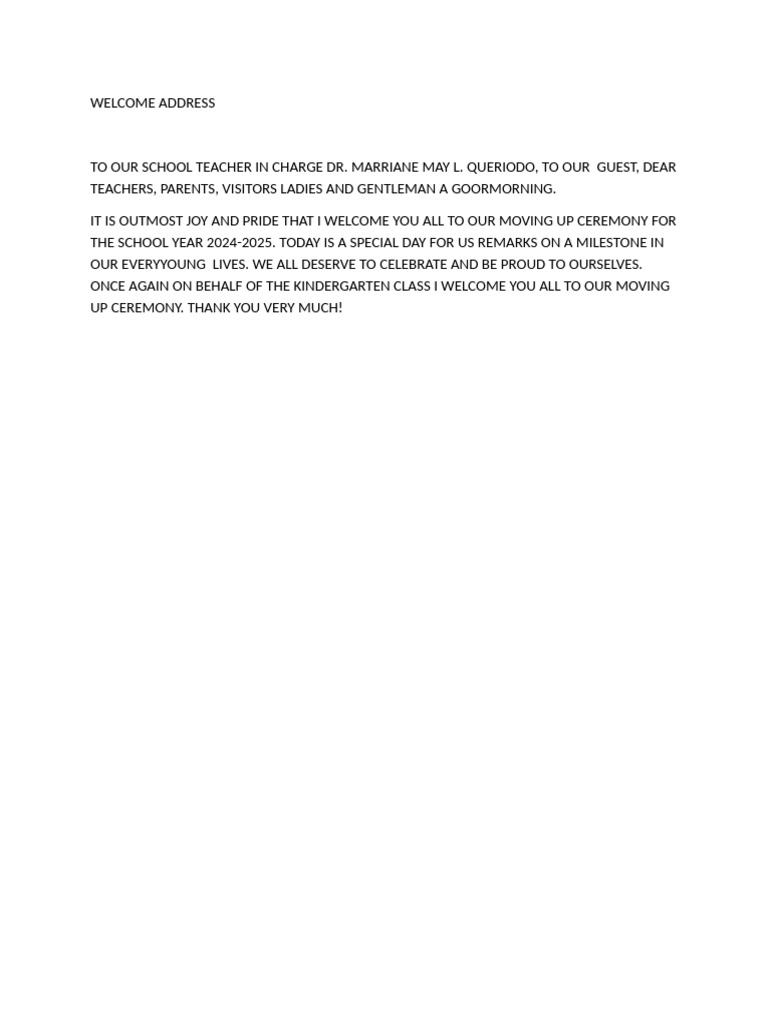 Welcome Address Kindergarten | PDF