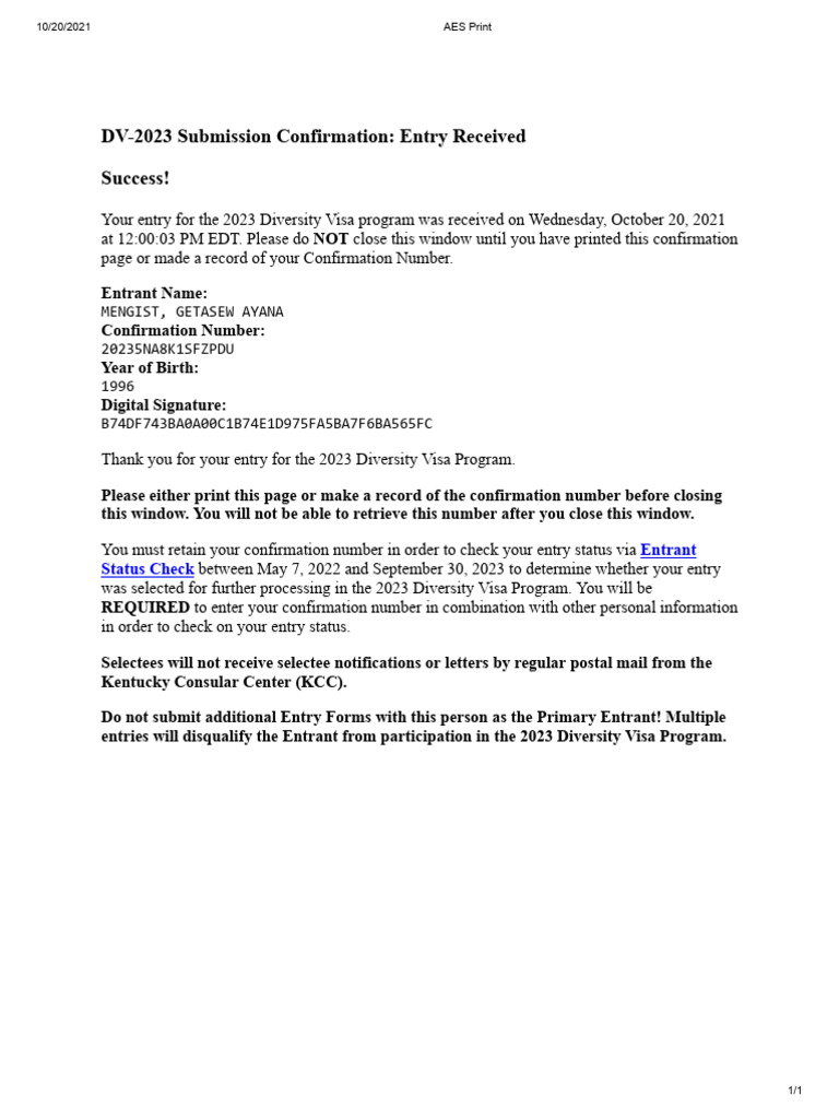 DV-2023 Entry Confirmation Details | PDF