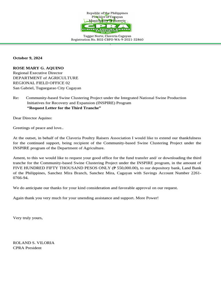 Letter Request For The Transfer of Funds 3rd Tranche | PDF