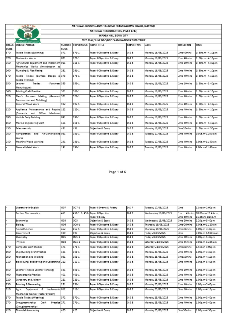 NABTEB 2025 May/June Exam Timetable | PDF