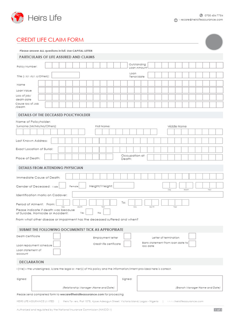 Credit Life Claim Form (Edited) | PDF | Insurance | Life Insurance