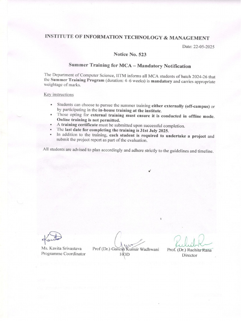 Summer Training Notice | PDF