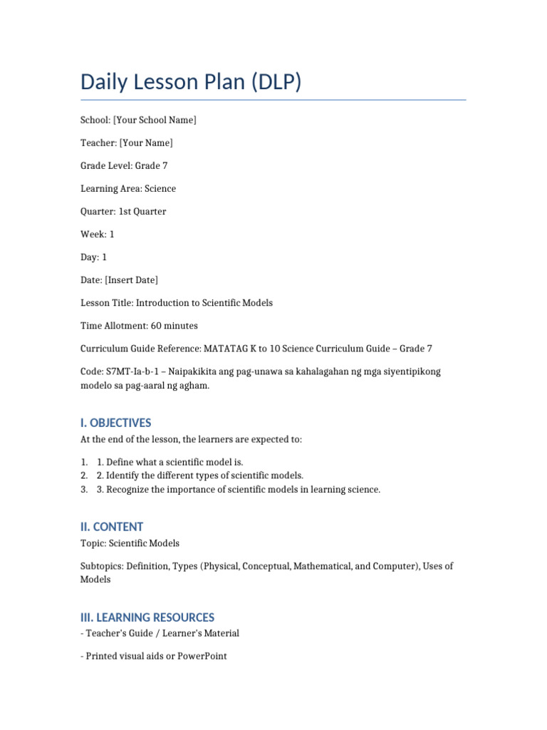 Grade7 Science DLP Week1 Day1 | PDF | Conceptual Model | Human Communication